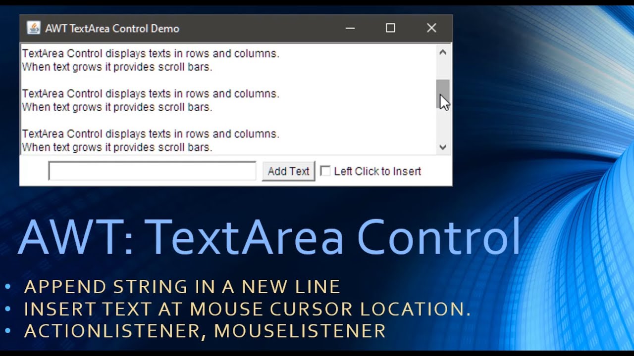 15 Java AWT TextArea - Append Text and Insert text at cursor position
