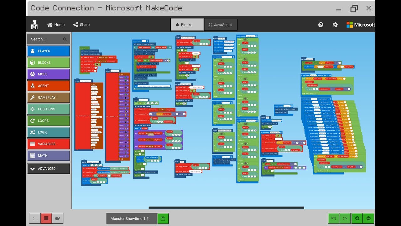 Code for Monster Showtime in MakeCode for Minecraft