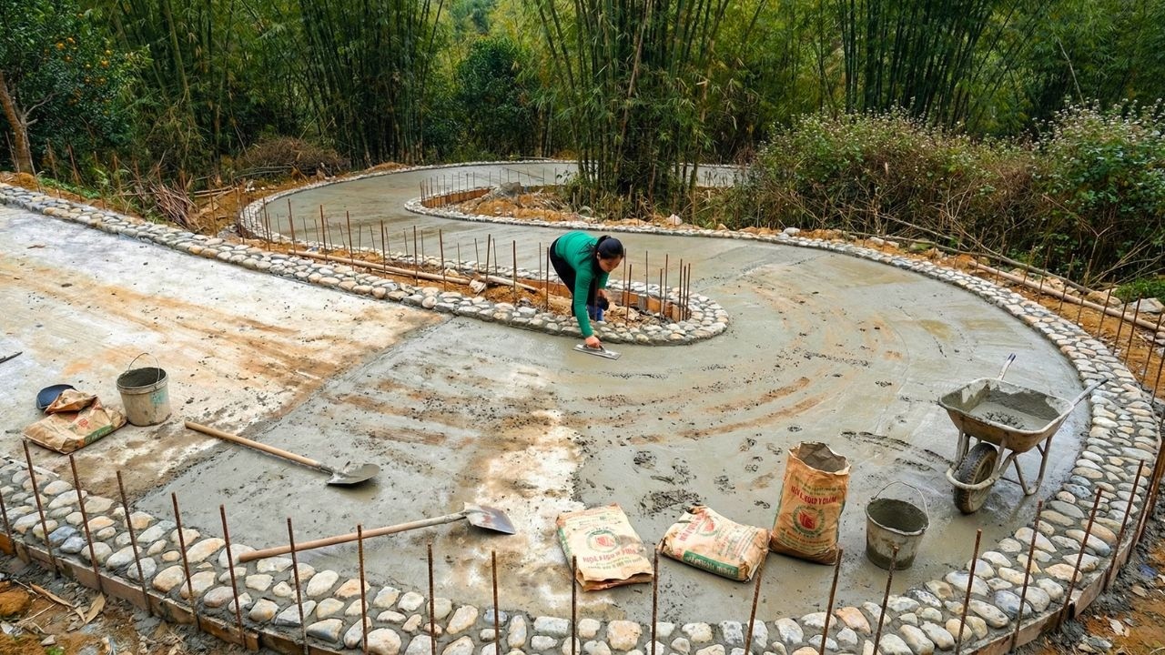 Building a Winding Concrete Road Through the Forest Connecting the Bridge to the Farm