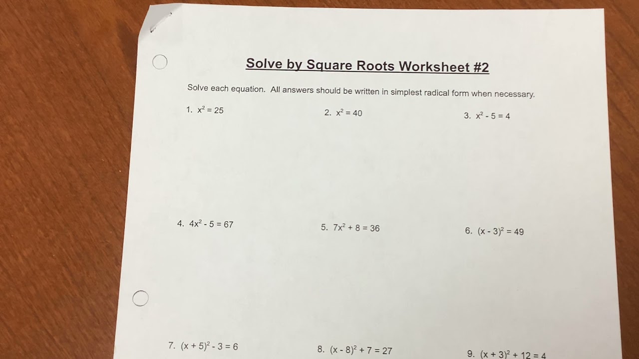 Solve by Square Roots Worksheet #2