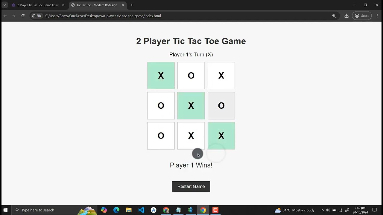 2 Player Tic Tac Toe Game Using HTML, CSS and JavaScript with Source Code