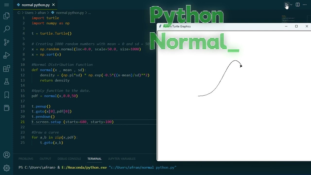 Python code to draw a Normal Curve. Turtle cursor allows to see a speed variation during the drawing