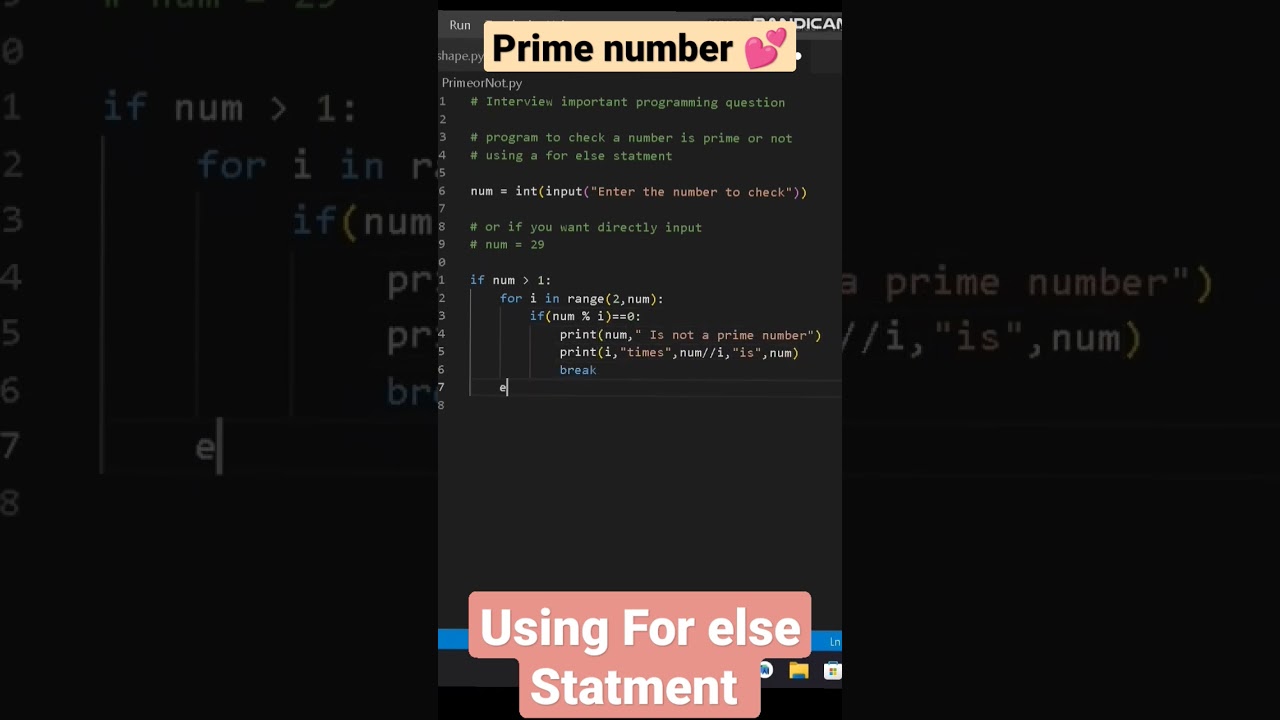 Python ❤️program to check a number is prime or not Using💕For else statement #interview #programming