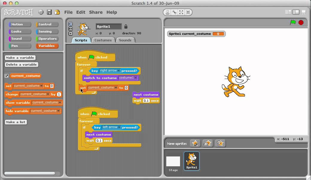 Scratch: Making a sprite turn left and right