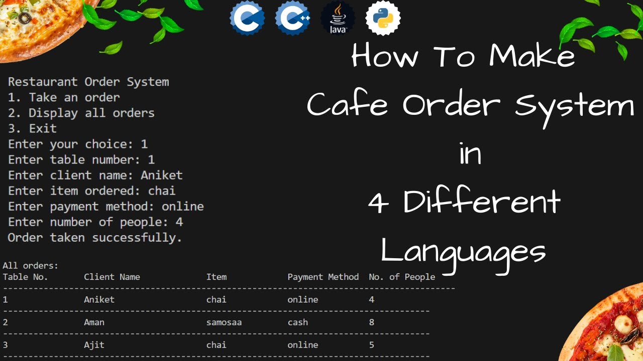 Cafe Order System using c , cpp , java and python ||Computer Science Project