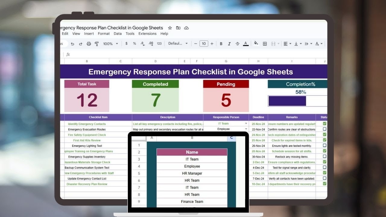 Emergency Response Plan Checklist in Google Sheets