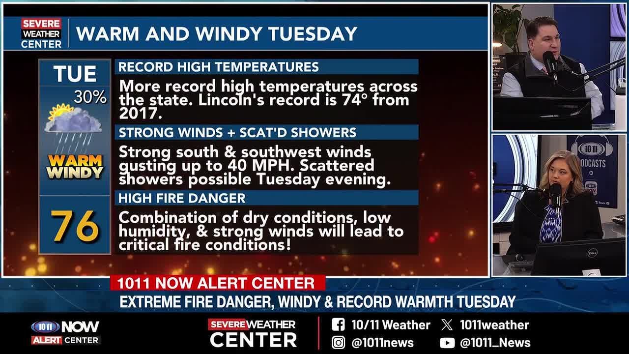 Extreme fire danger, windy and record warmth Tuesday