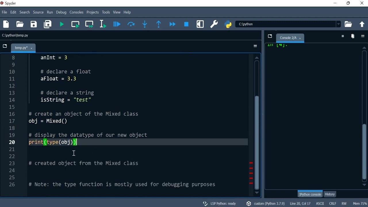 Python 54: Create a class, instantiate an object and find its type using the type function.