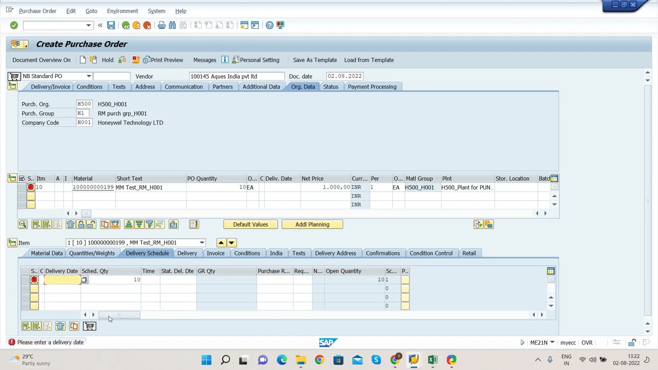 How to create Purchase Order in SAP