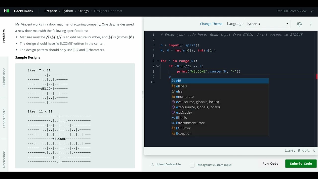 Hackerrank Python Solution #9 Strings - Python: Designer Door Mat