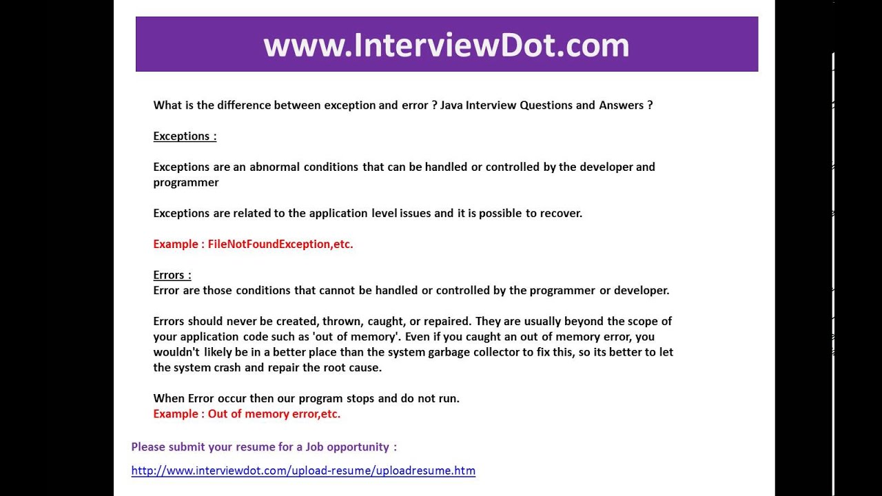 what is the difference between exception and error job java interview question
