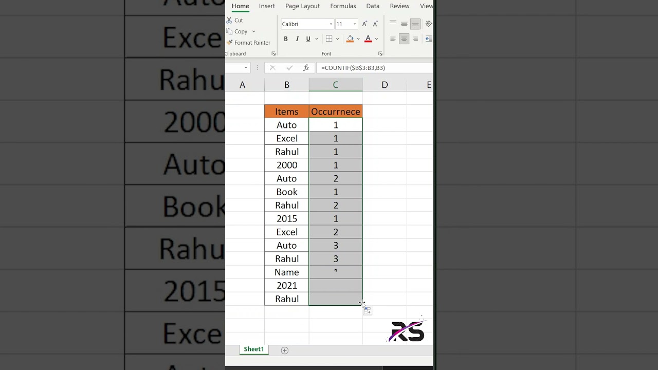Excel Formula to Find how many times repeat the same values in a column