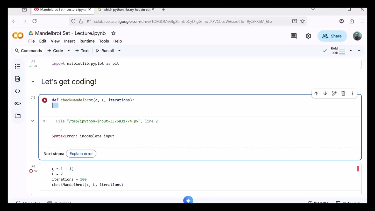 Coding up a Mandelbrot Fractal - Python Google CoLab