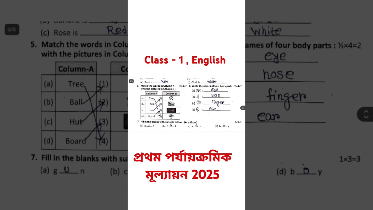 class 1 english 1st unit test 2025 || class 1 1st unit test english question paper 2025