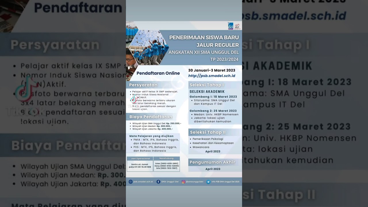 INFORMASI PENDAFTARAN SMA UNGGUL DEL ANGKATAN 12 T.A 2023/2024