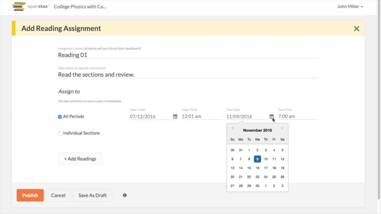 Creating a Reading Assignment in OpenStax Tutor