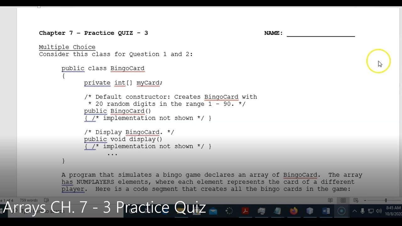 JAVA - Lesson #93 - APCSA - Arrays CH.  7-3 Practice Quiz