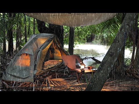Cozy SOLO Camping in RAIN [ Tucked away in the Jungle right next to a creek, relaxing ASMR ]