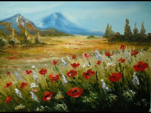 How to paint poppies landscape mountains beginner class, follow the link below for the full program