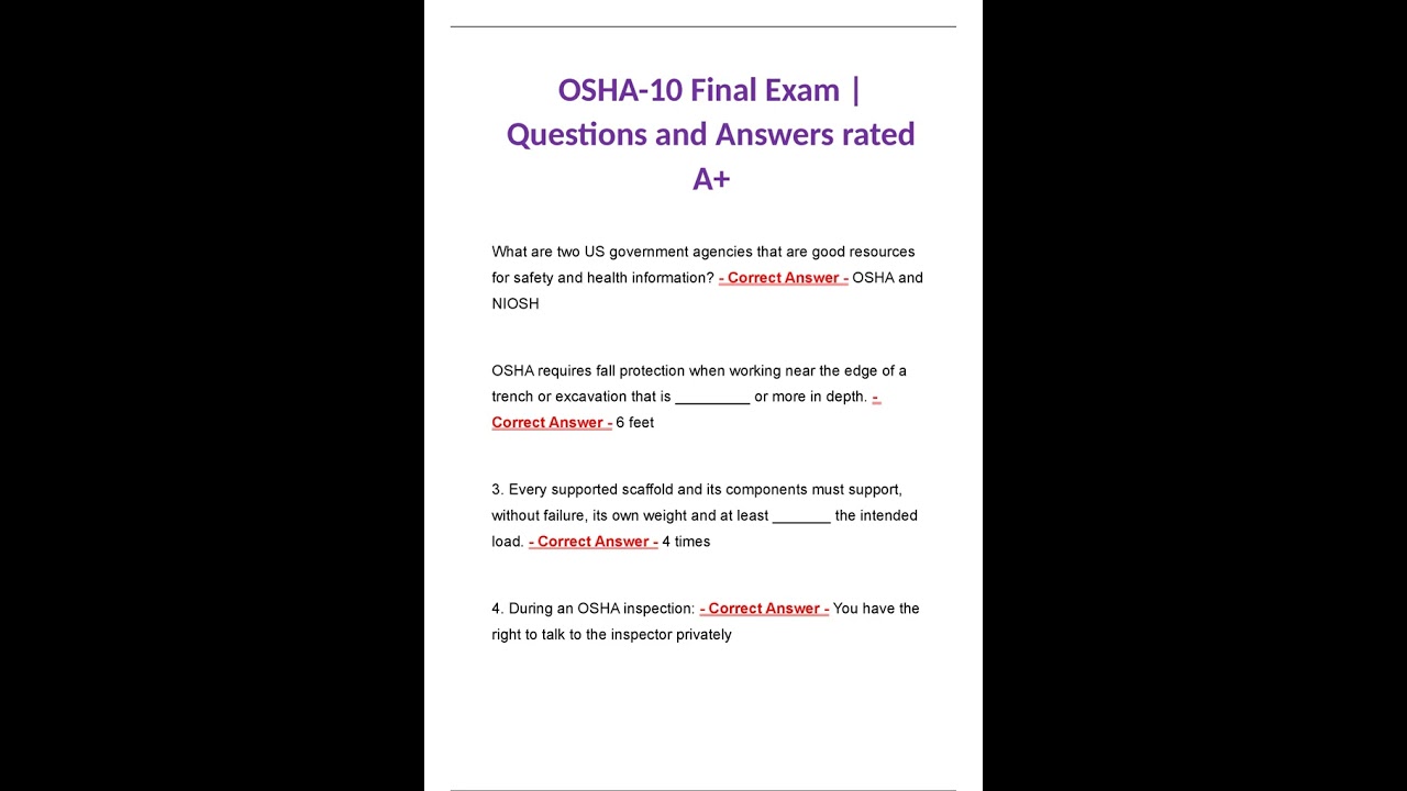 OSHA 10 FINAL EXAM QUESTIONS AND ANSWERS RATED A