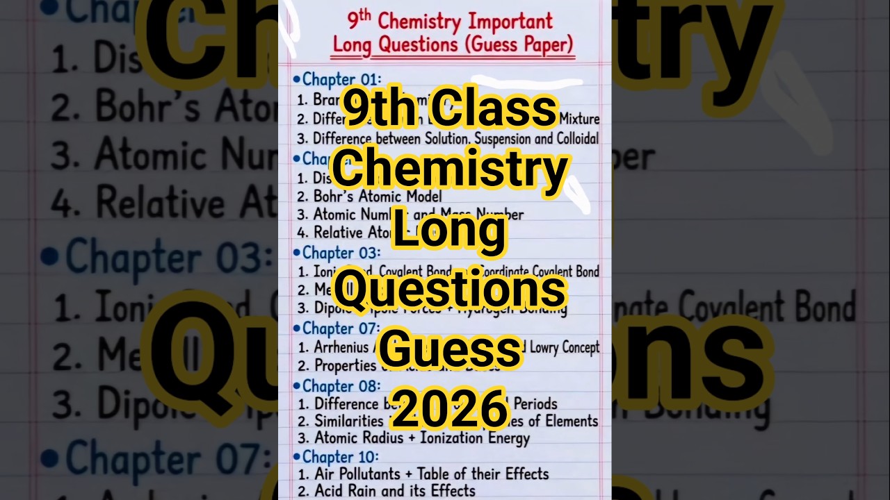 Class 9 Chemistry Guess Paper 2026 | 9th Class Chemistry long Questions guess 2026 | Punjab Boards
