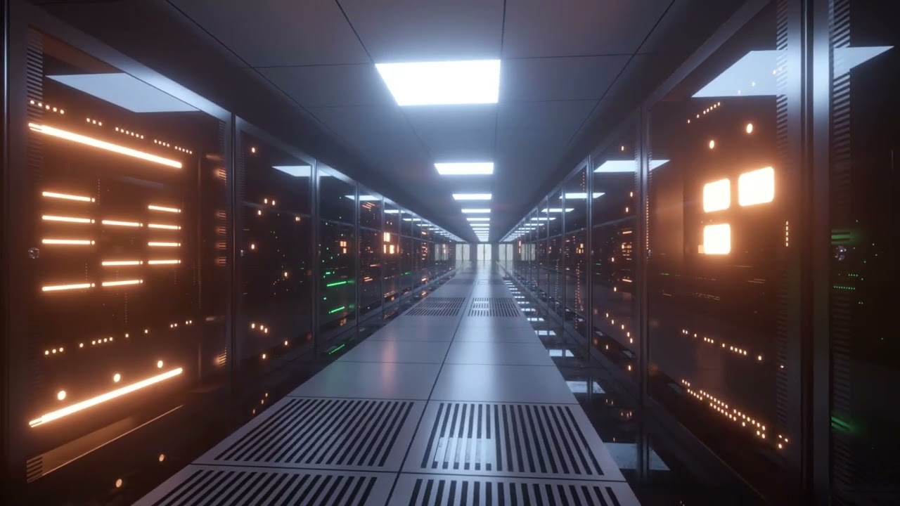 Powerful server room in data center. Cloud computing 3d rendering. Walkthrough racks of network.