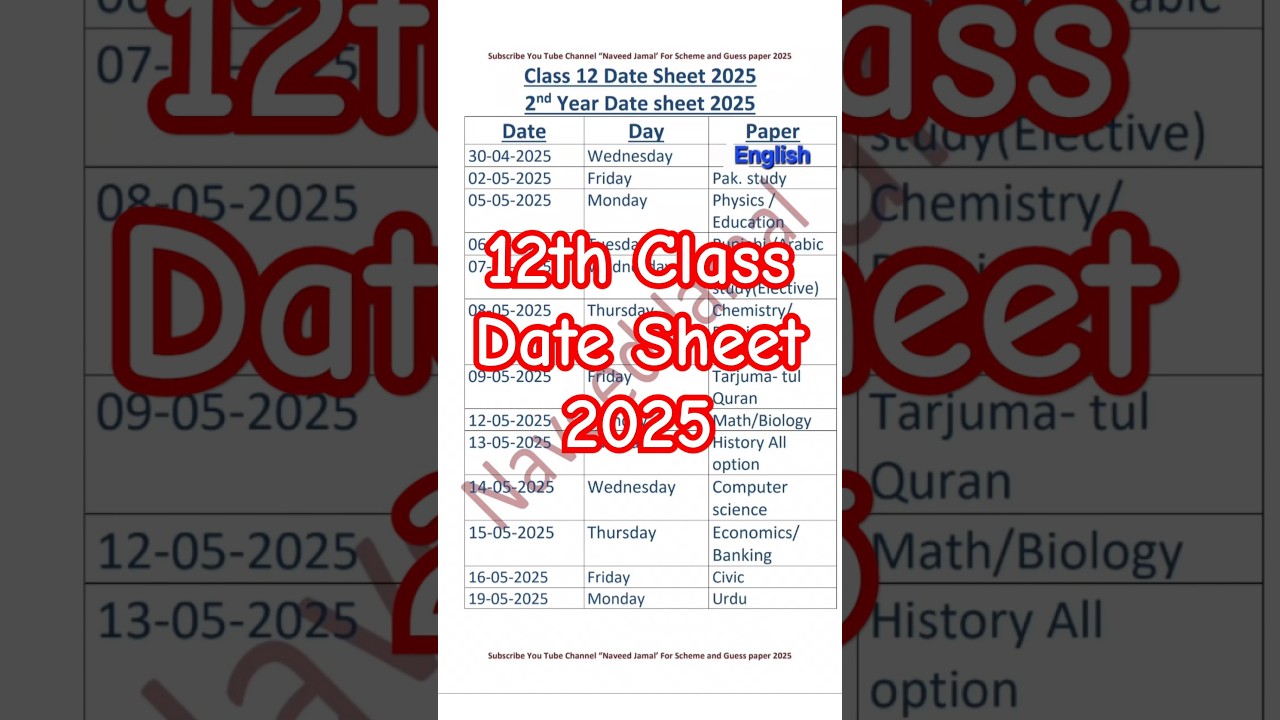 2nd year Date sheet 2025 - 12th Class Datesheet 2025