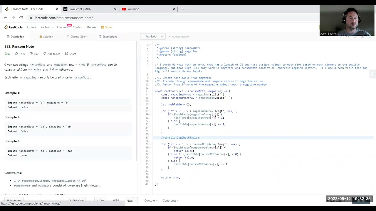 383. Ransom Note - Javascript - Time: O(n) Space: O(n) - Leetcode