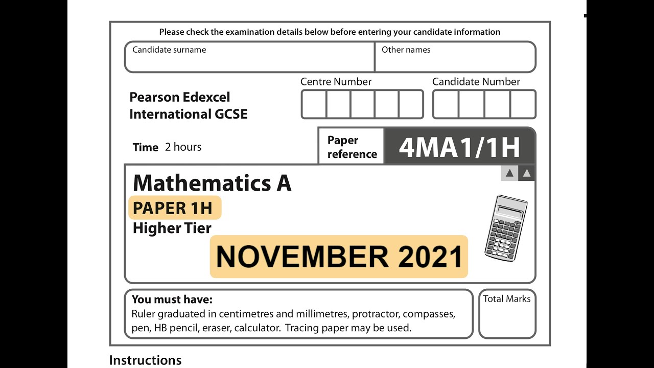 IGCSE Mathematics November 2021 - 4MA1/1H