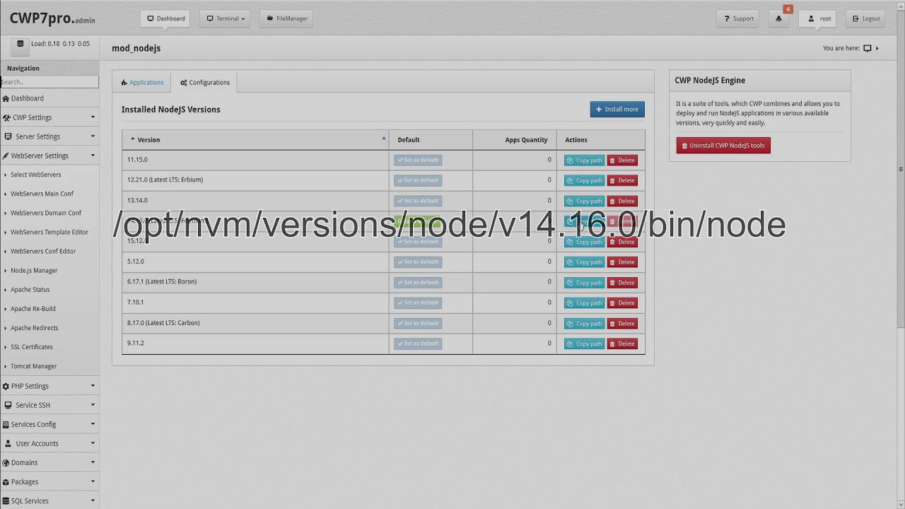 CWP - Admin Panel: NodeJS Manager