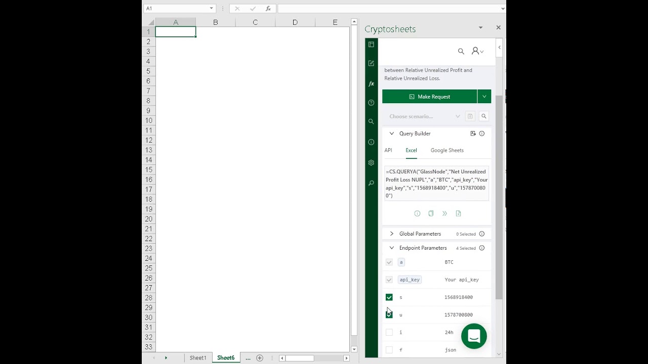 Get GlassNode data in Excel and Google Sheets - Net Unrealized Profit Loss NUPL