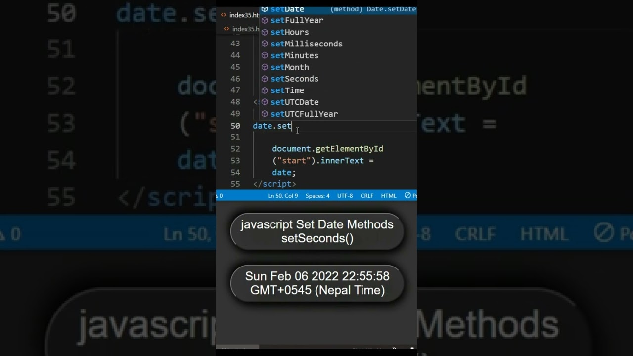JavaScript set Date Method setSeconds #shorts #html