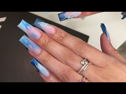 Blue Chrome French Nails w/ Airbrush | Watch Me Work | Chrome Nails | Airbrush Nails