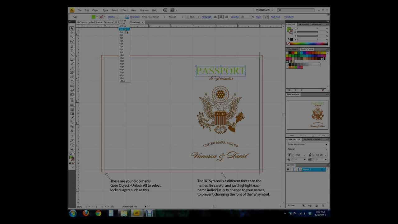Vanessa's Destination Wedding Invitations - Intro to Adobe Illustrator (Passport Template)