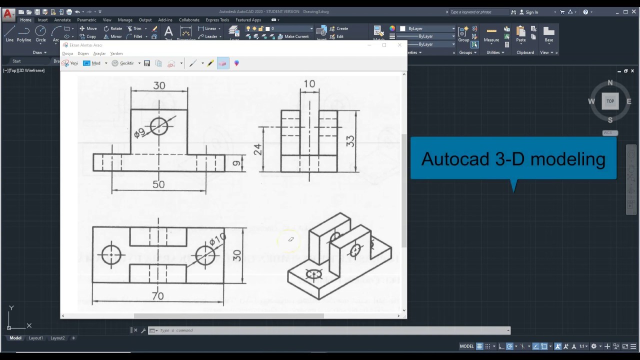 AutoCad 2020 2019 3-D Solid Modelling using a Multiview / Perspective Picture by two methods