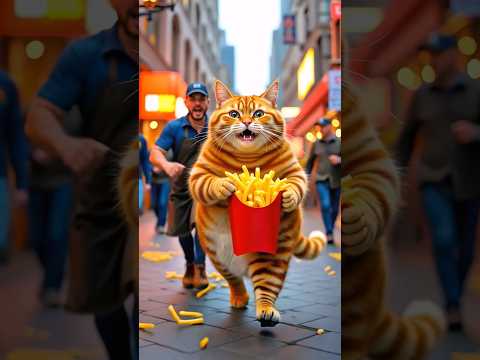 Fat Tabby Cat Steals French Fries and Escapes! 🍟🐱 | Funny Cat Animation. #cat #aicat #cats #shorts