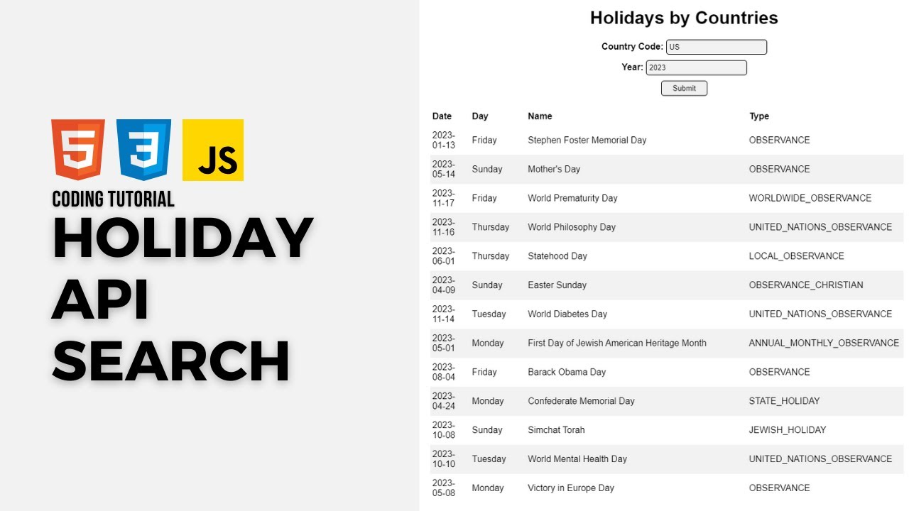 Build a Public Holidays App with HTML, CSS & JavaScript | API Tutorial