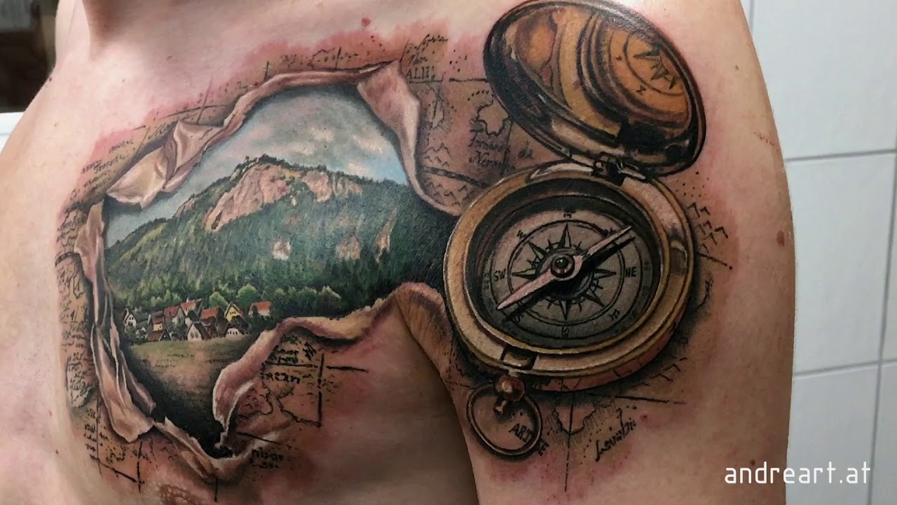 Compass Landscape Chest Tattoo