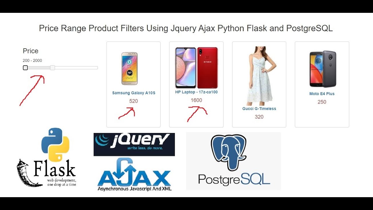 Price Range Product Filters Using Jquery Ajax Python Flask and PostgreSQL