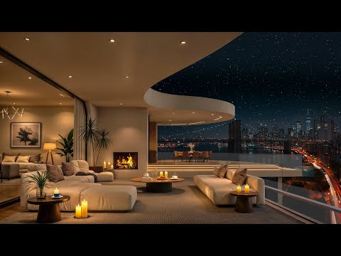 Relax in Luxurious Apartment Overlooking Brooklyn Bridge at Night ~ Soft Jazz & Crackling Fireplace