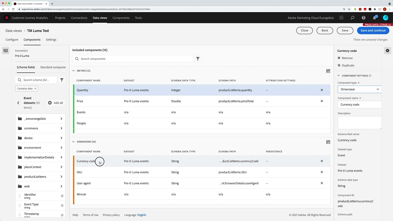Configuring component settings in CJA Data Views