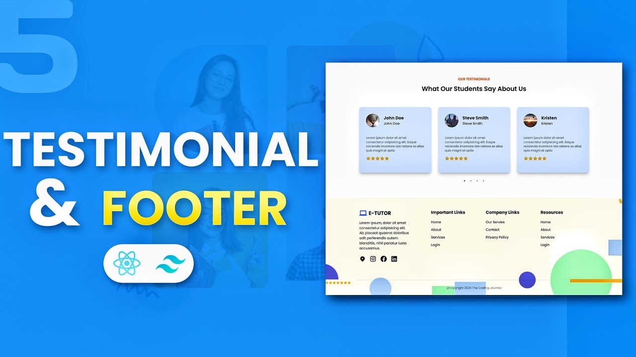 Responsive Testimonial & Footer Section with React + Tailwind CSS | E-Tutor Testimonial Section