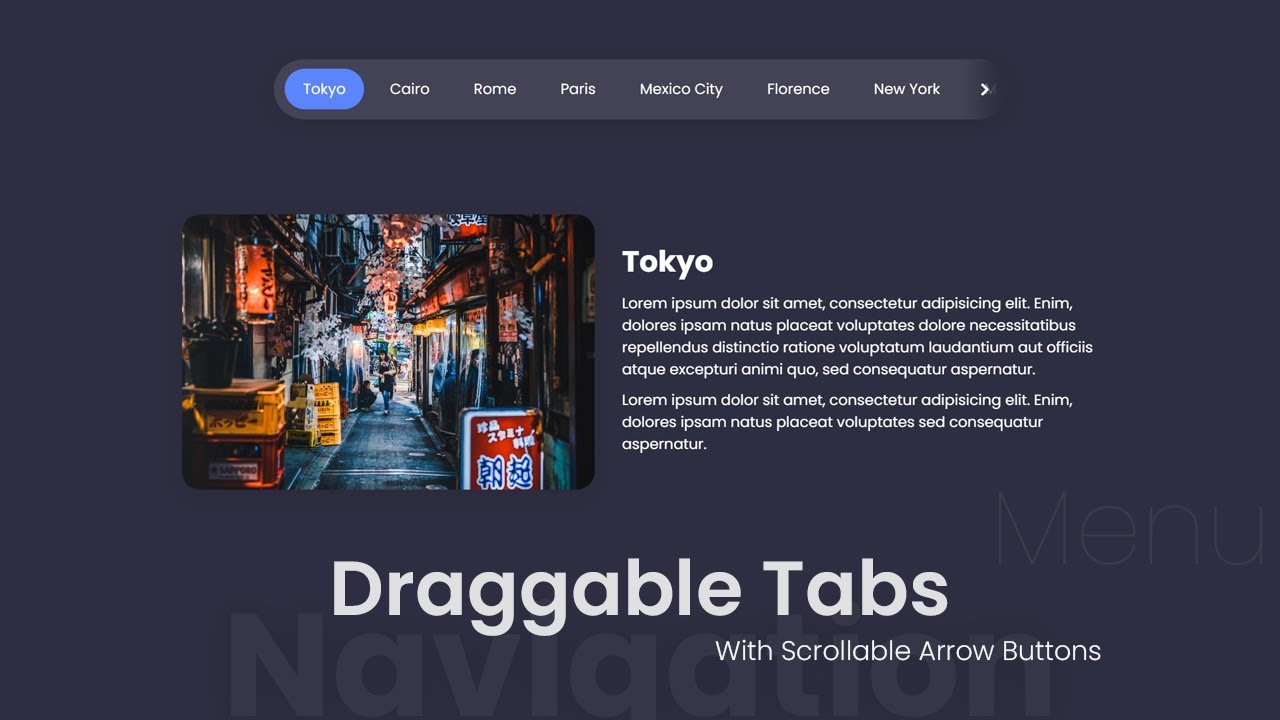 Responsive Horizontal Scrollable & Draggable Tab Menu | With Tab Content - Html, CSS & Javascript