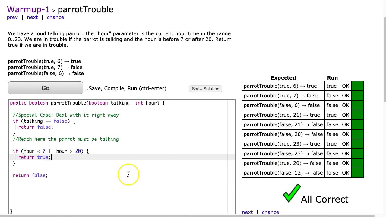 Codingbat - parrotTrouble (Java)