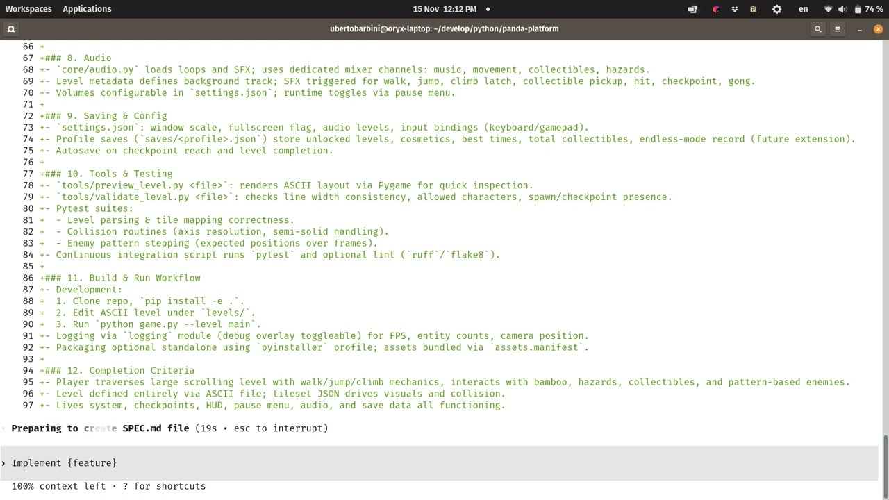 Spec Driven Development coding a platform game in Python with a Panda.