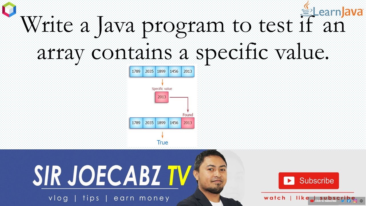 Write a #java program to test if an #array contains a specific value.