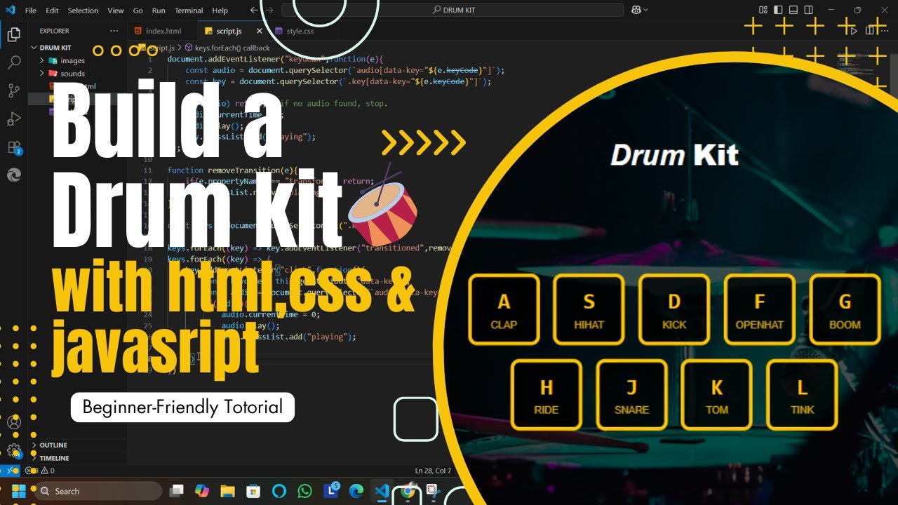 Build a Drum Kit with HTML, CSS & JavaScript | Beginner-Friendly Tutorial 🥁
