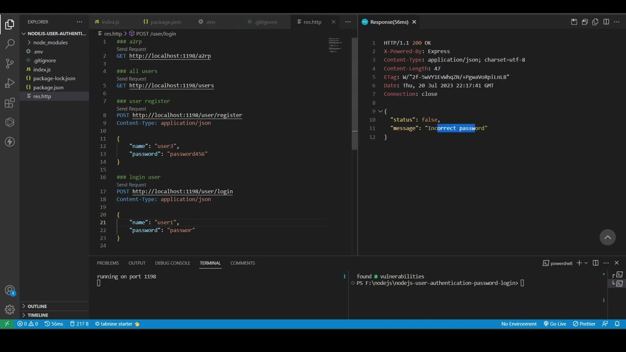 nodejs user authentication hashed password login