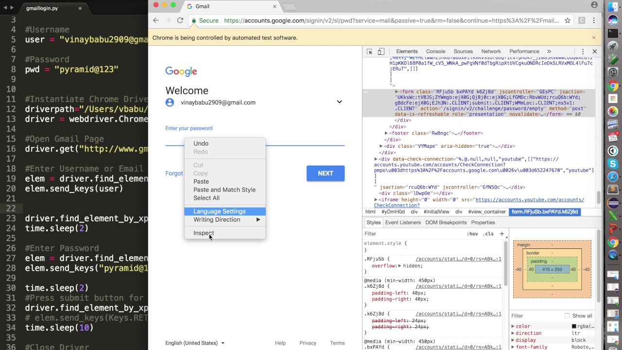 Login to Gmail account using Selenium Webdriver and Python