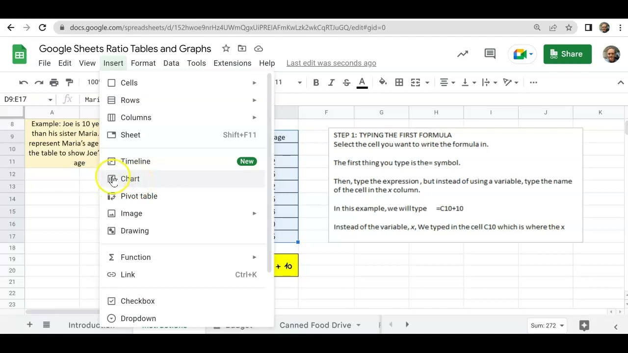Google Sheets Tables, Graphs, Equations